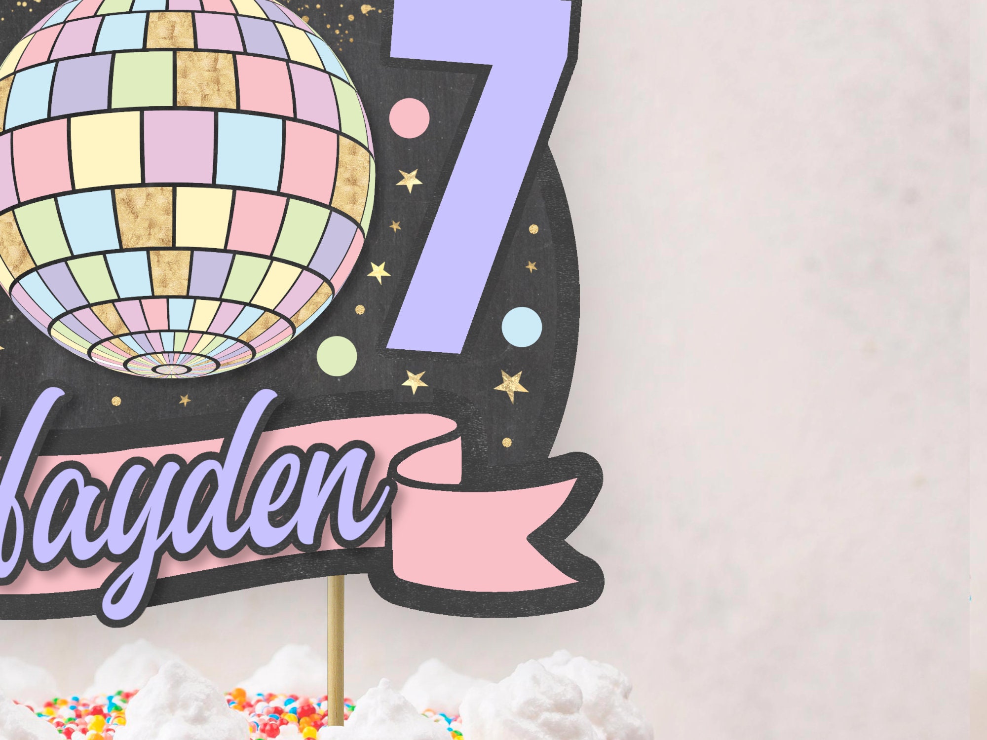 Disco Cake Topper, DIGITAL FILE, Personalised Girl's Birthday, Pastel ...
