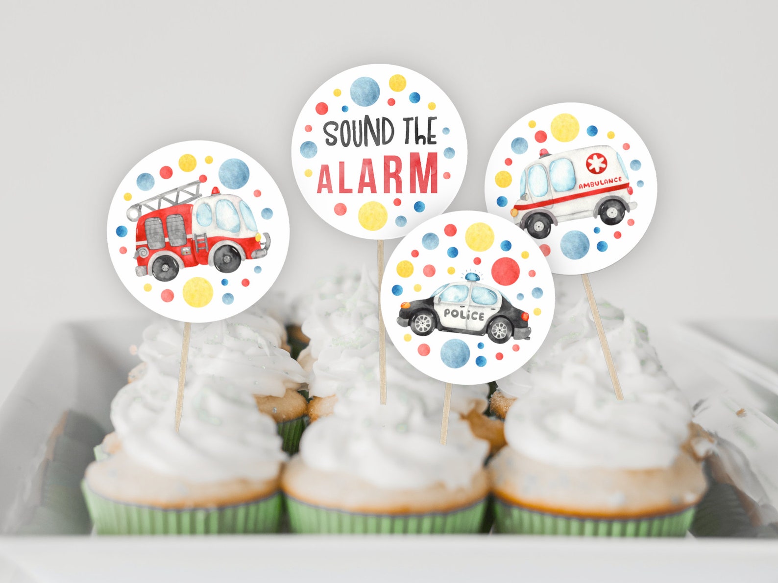 Emergency Vehicle Cupcake Toppers, PRINTABLE Digital Firetruck Police ...