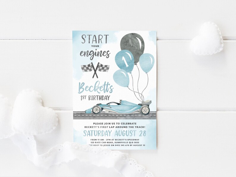 Race Car Themed Invitation PRINTABLE Blue First Lap Around - Etsy