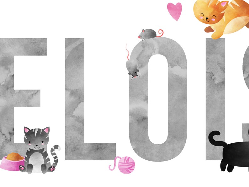 Kitten Themed Name Art, PRINTABLE, Little Girl's Bedroom Cat Wall Decor ...