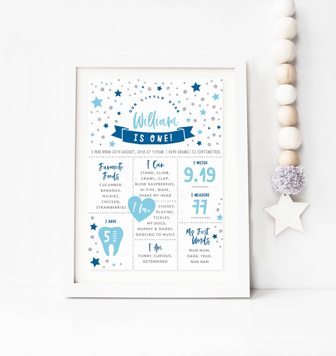 Little Star Milestone Board, PRINTABLE, Boy's Blue Silver 1st Starry ...