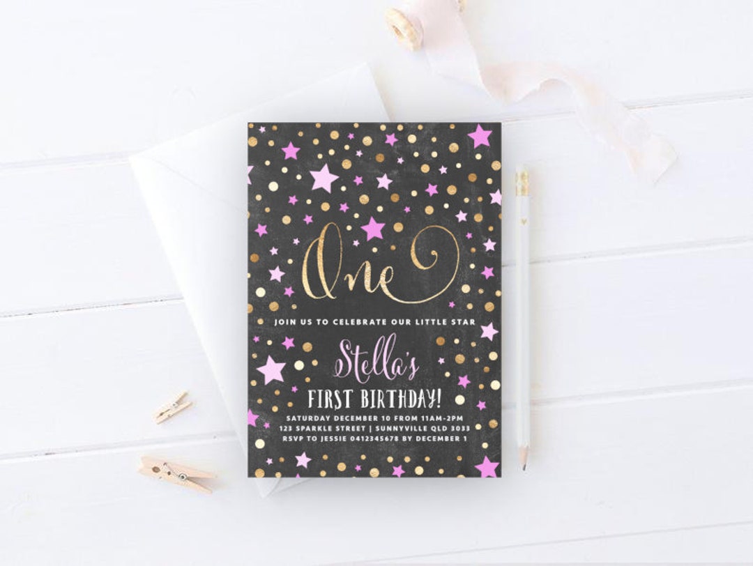 Star Themed Invitation, PRINTABLE, Girl's Little Star 1st Birthday ...