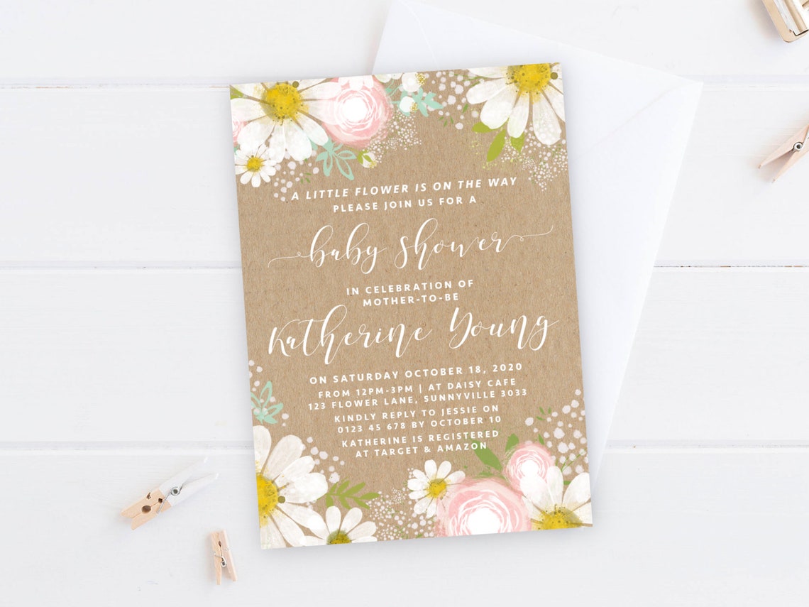 Daisy Baby Shower Invitation DIGITAL DOWNLOAD Floral Kraft - Etsy