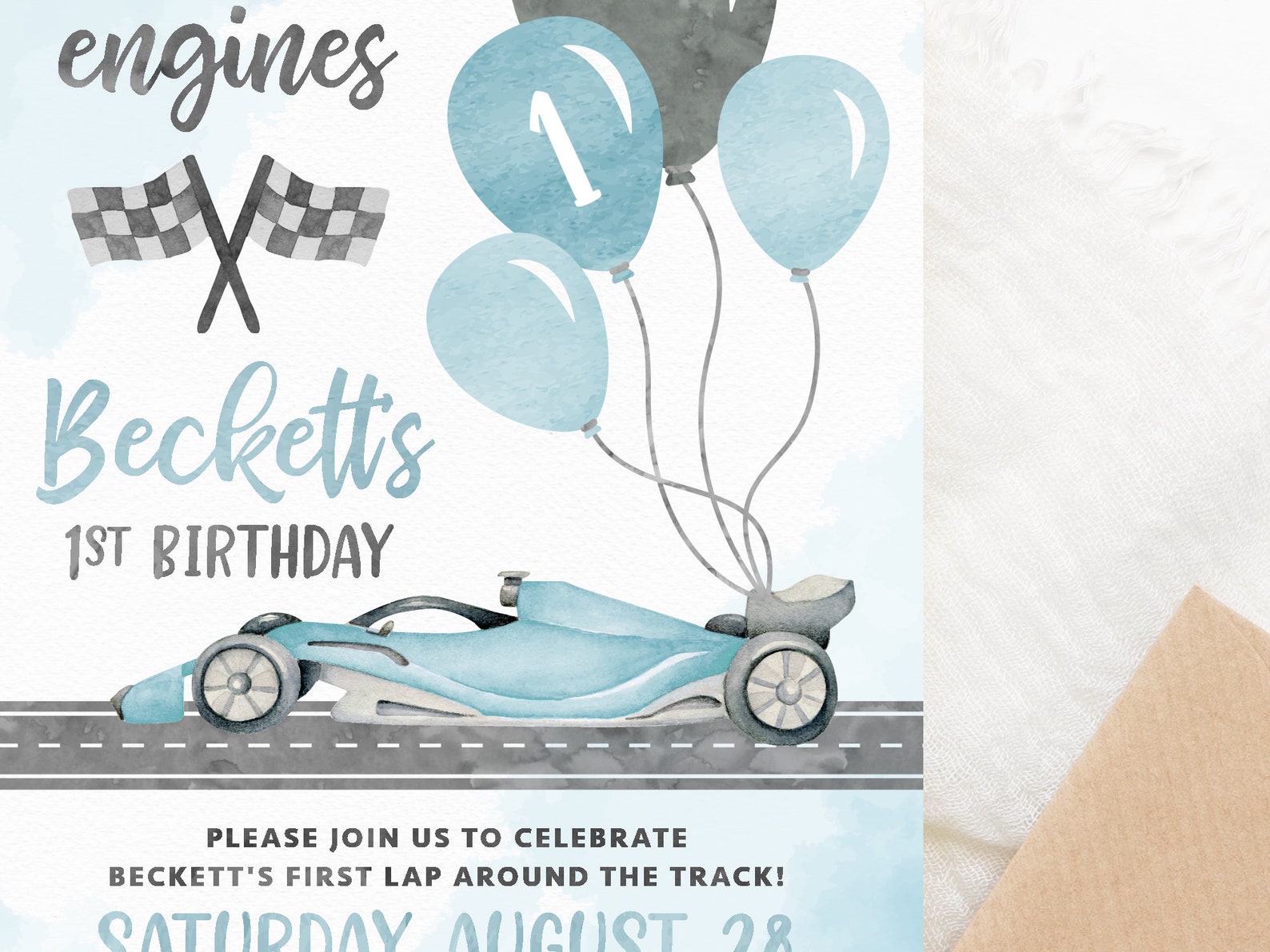 Race Car Themed Invitation, PRINTABLE Blue First Lap Around the Track ...