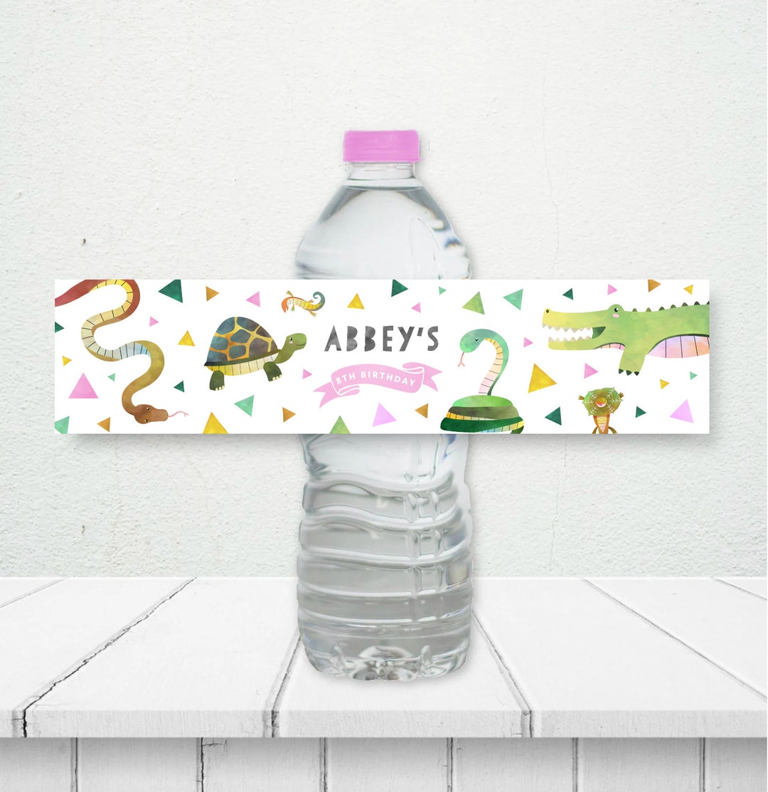 Reptile Water Bottle Label, PRINTABLE, Cute Pink Girl's Snake Lizard ...