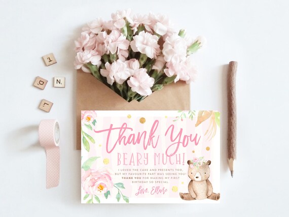 Teddy Bear Thank You Card PRINTABLE Girl's Teddy Bear | Etsy