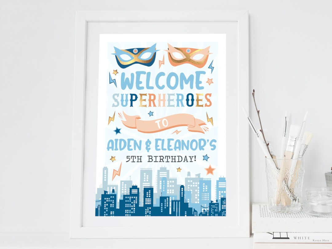 Superhero Welcome Sign, PRINTABLE, Girl Boy Joint Birthday Party Decor ...