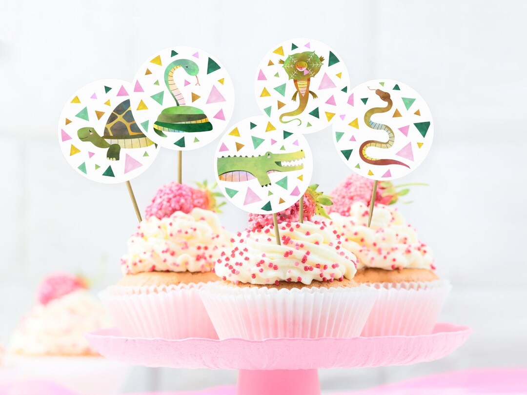 Pink Reptile Cupcake Toppers, PRINTABLE, Cute Girl's Lizard Snake ...
