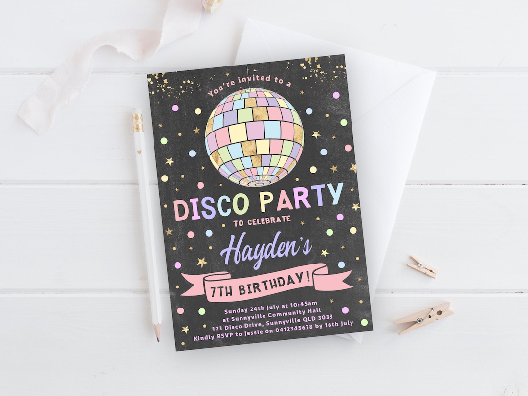 Disco Party Invitation, PRINTABLE, Pastel Rainbow Mirror Ball Invite ...