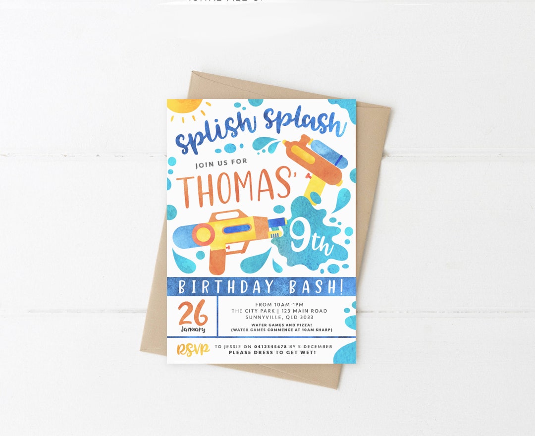 Water Fight Party Invitation, PRINTABLE, Boy's Water Pistol Gun Games ...
