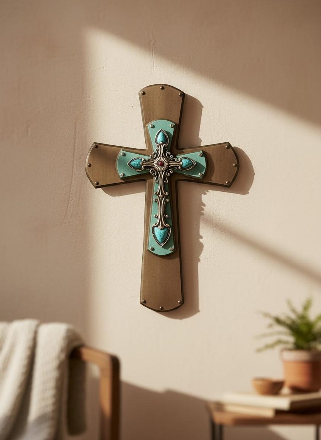 Handmade Turquoise Wall Cross: Tan Earth Tone Home Decor (20x30 In) - Etsy