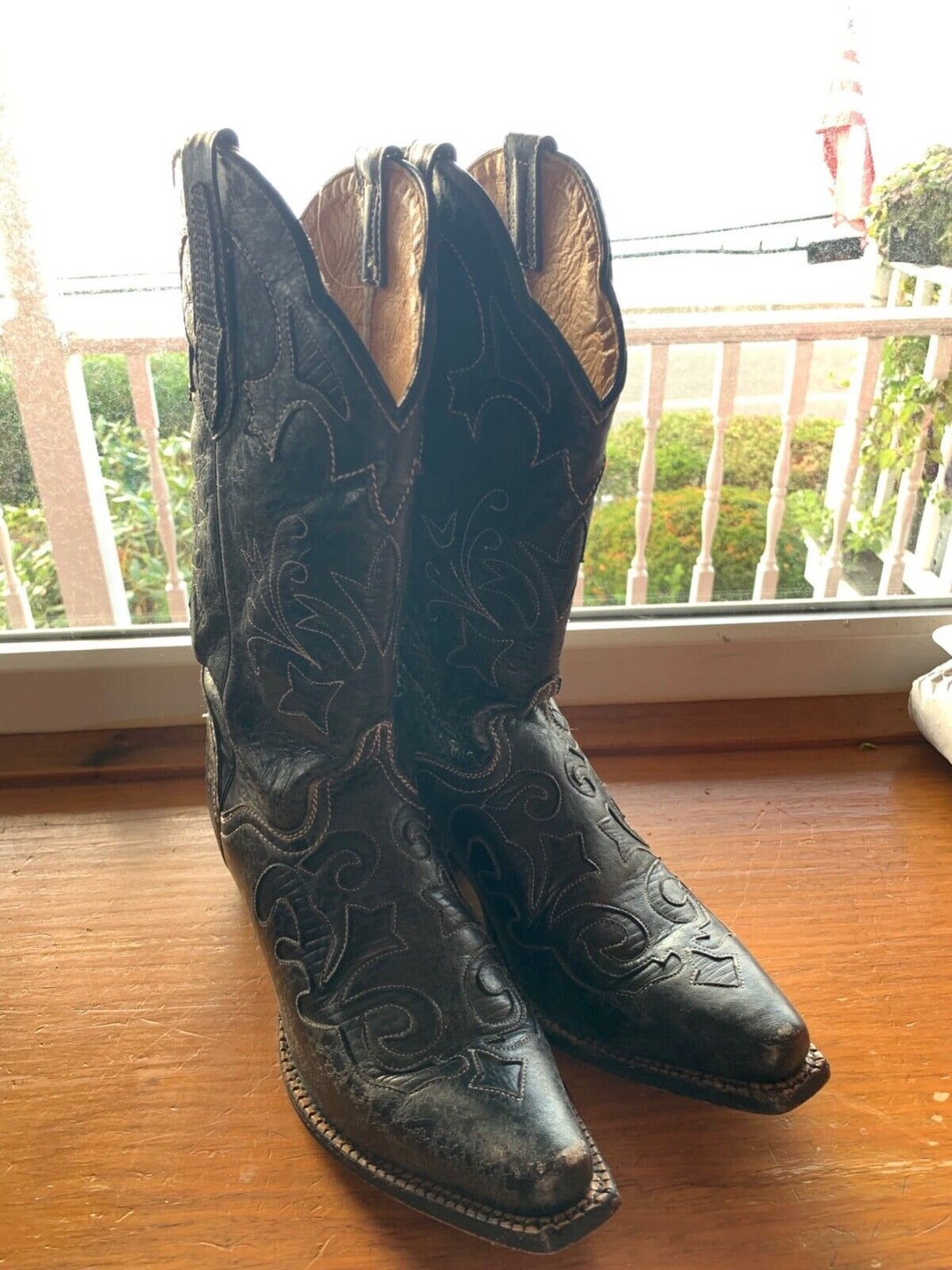 J.B. DILLON Goat Black LEATHER INLAY Point Toe Cowgirl Boots - Etsy