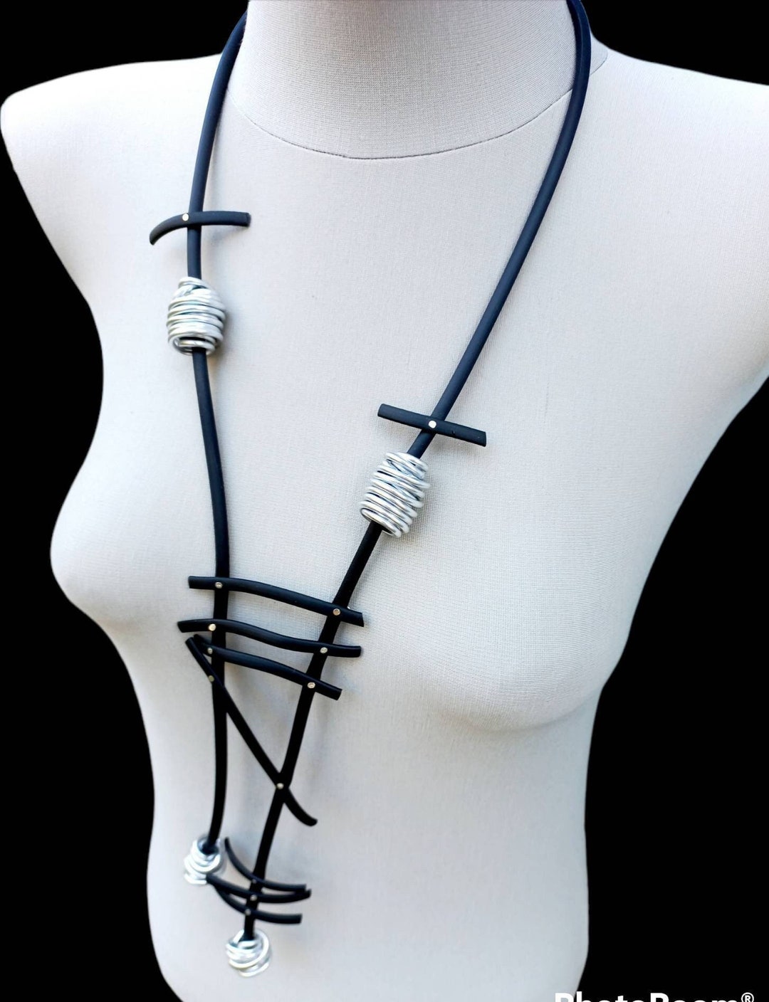 Rubber Cord With Asymmetric Silver Accents, Funky Statement Jewelry ...