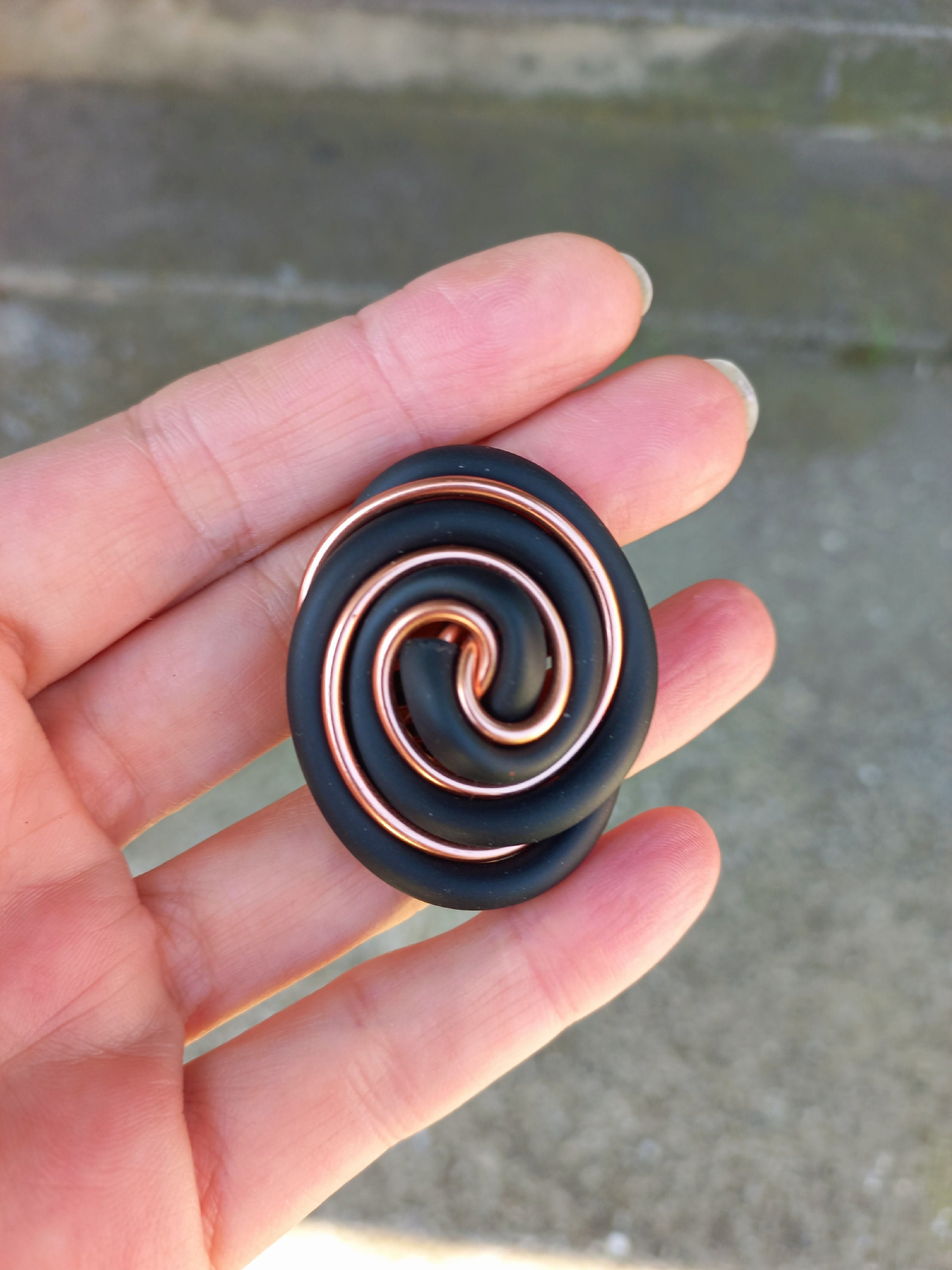 Black Rubber and Copper Wire Wrapped Ring, Statement Jewelry, Big ...