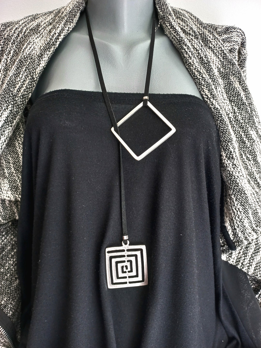 Lariat Geometric Necklace, Black Leather With Silver Pendant Necklace ...
