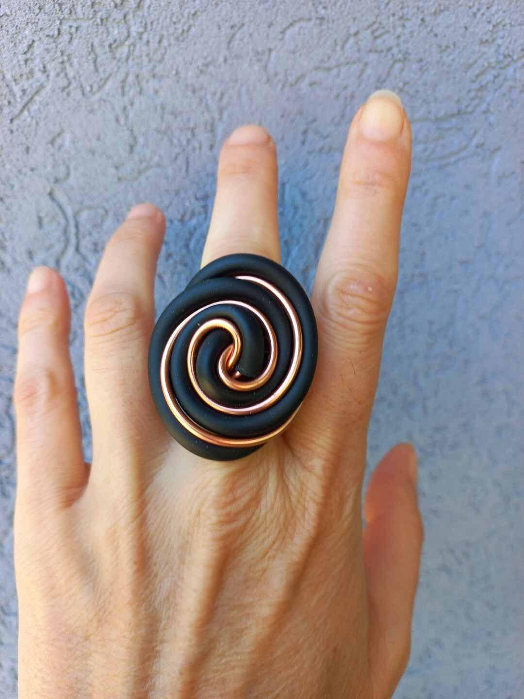 Black Rubber and Copper Wire Wrapped Ring, Statement Jewelry, Big ...