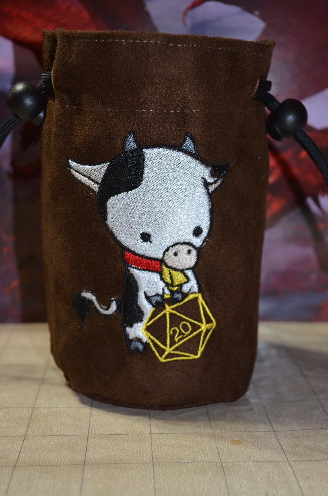 Dice Bag D20 Cow Embroidered Dark Brown Suede - Etsy
