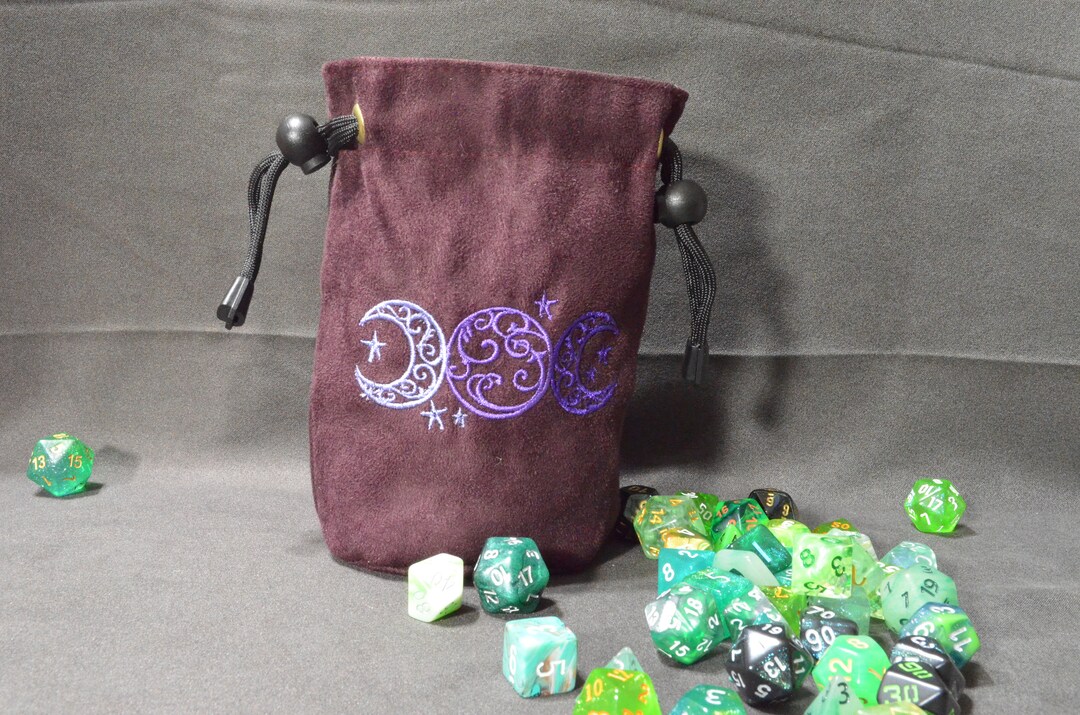 Handmade Suede Dice Bag – Moon Phases Embroidery, D&D D20 TTRPG ...