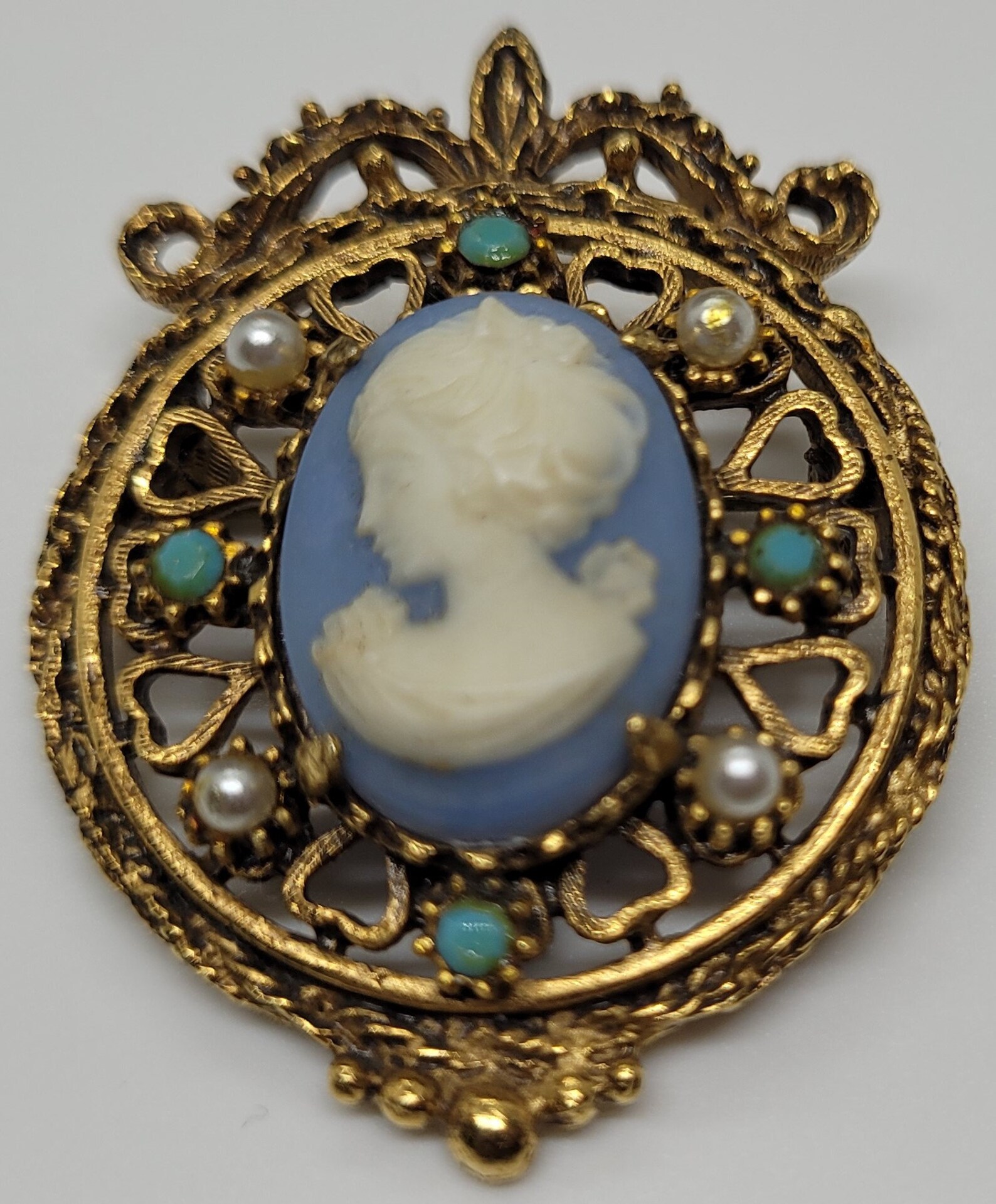 Vintage Florenza Goldtone Turquoise & Faux Pearl Open Work Carved Shell ...