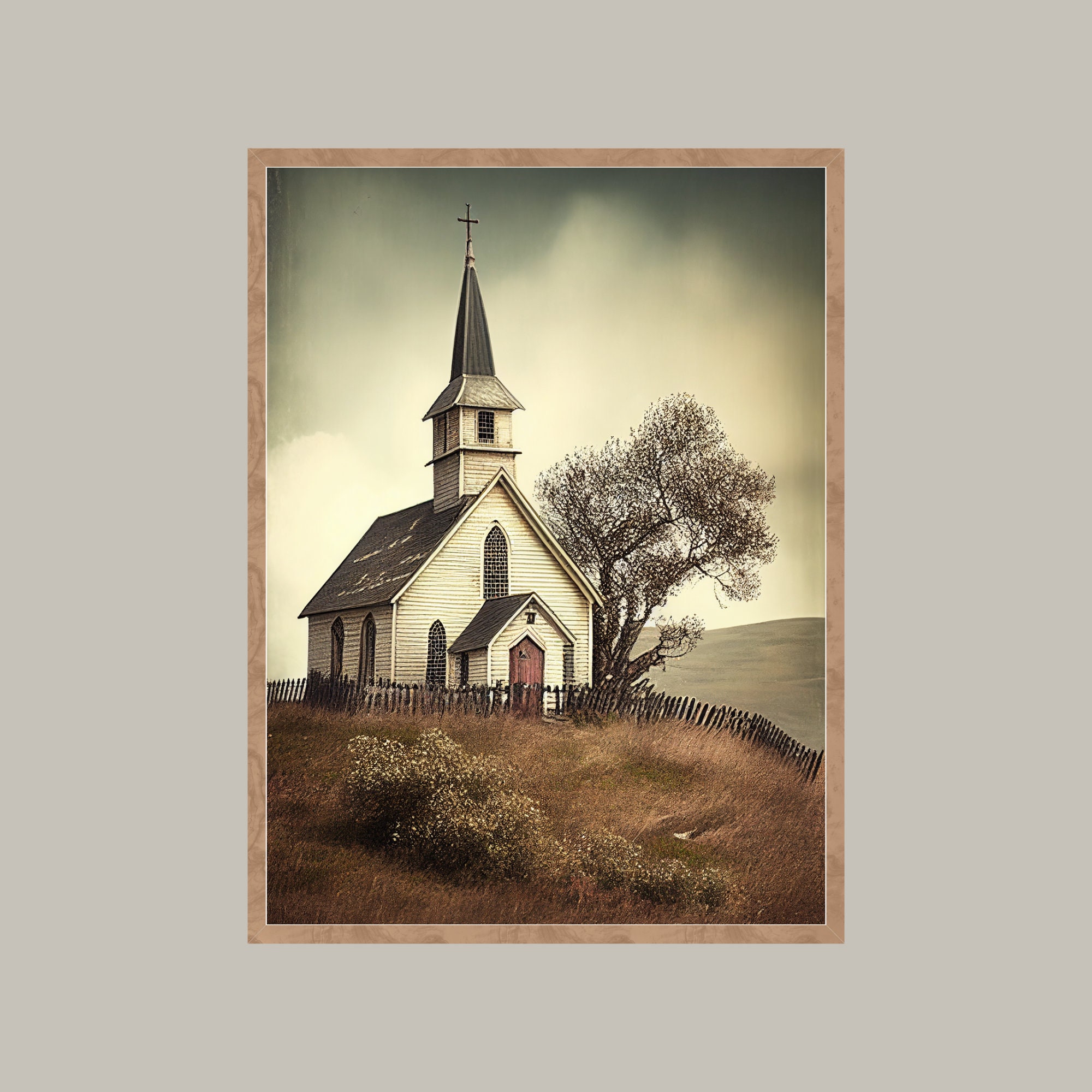 Old Country Church Print Vintage Church Painting White Church Wall Art ...