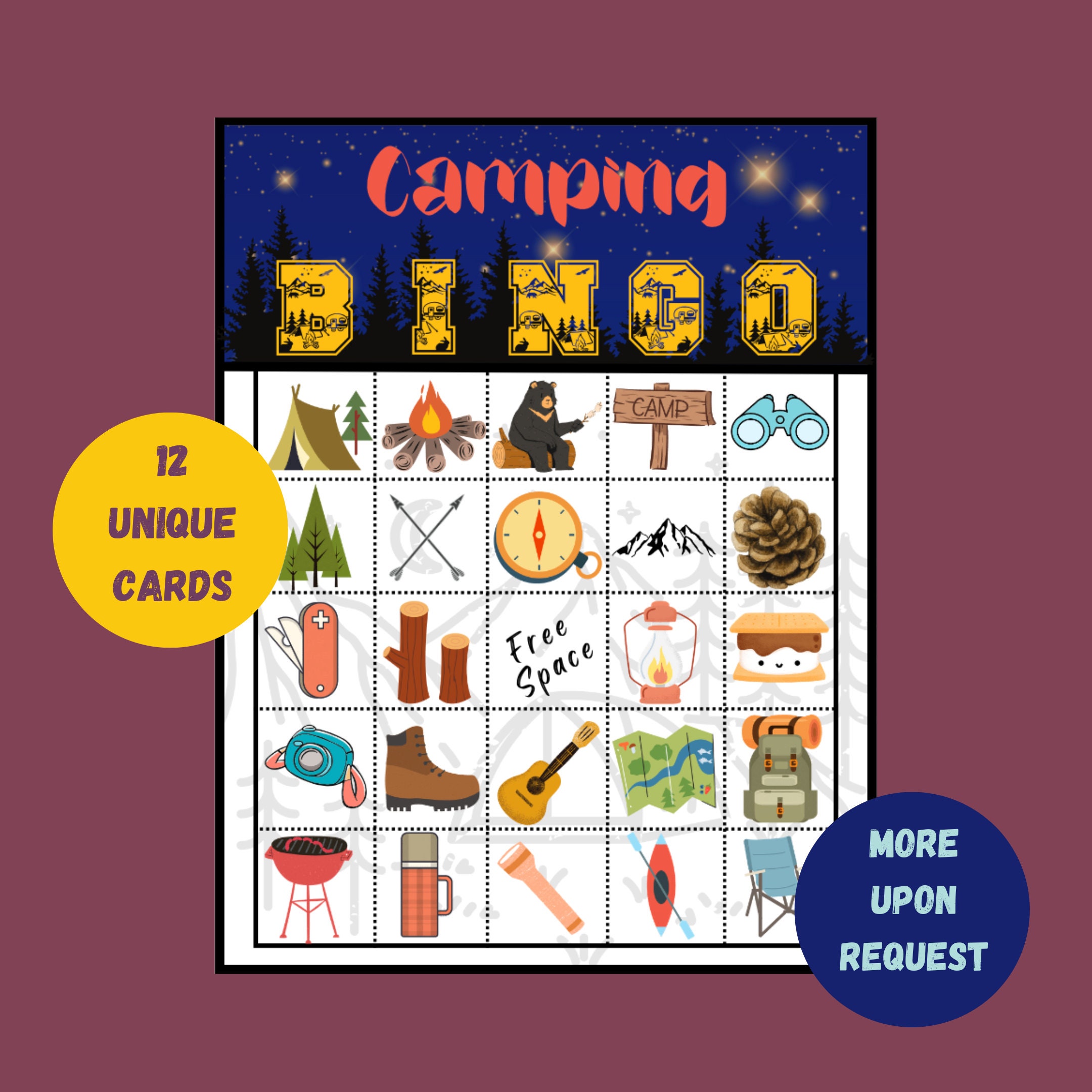 Camping Bingo Game for Kids Party Favors Kids Party Games Camping Bingo ...