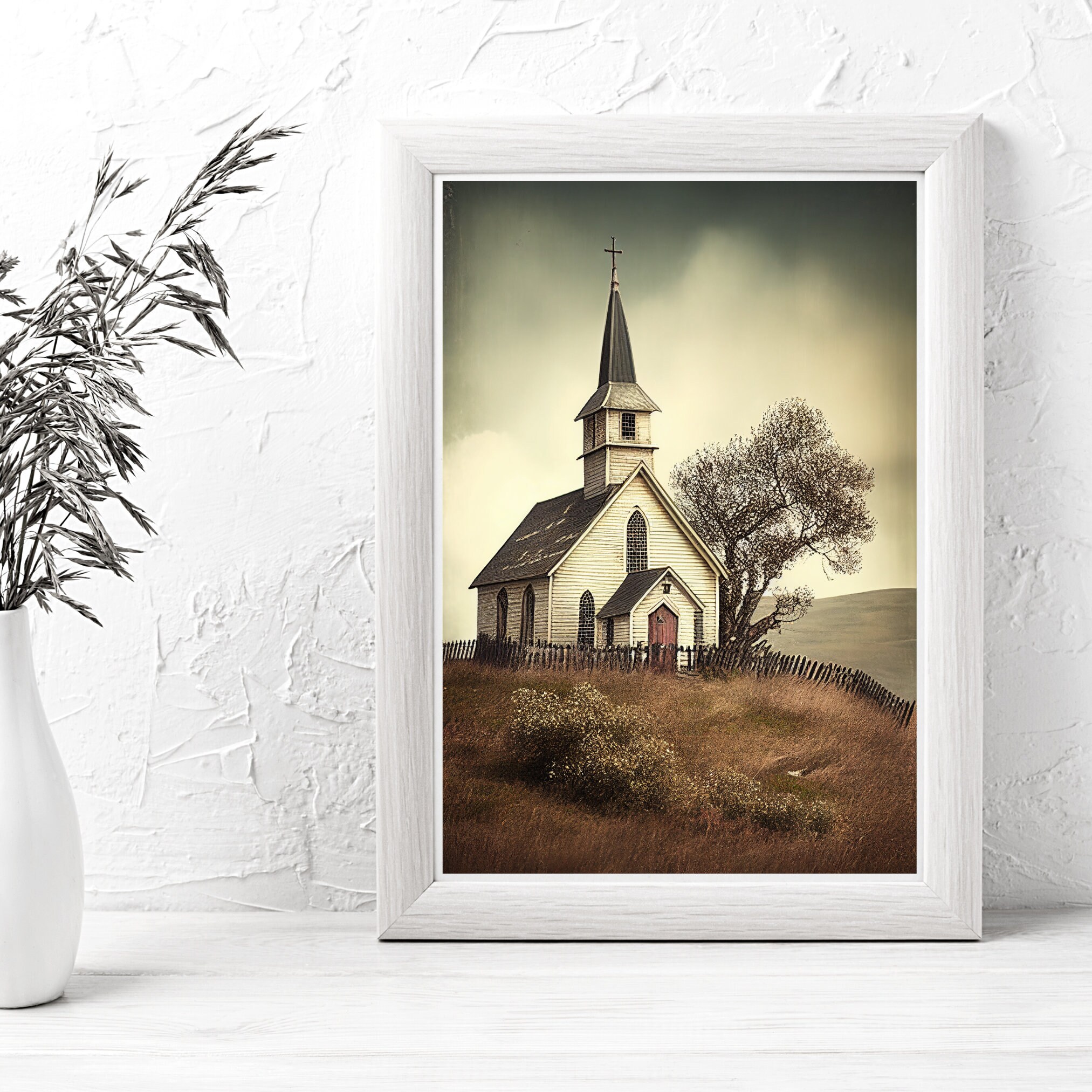 Old Country Church Print Vintage Church Painting White Church Wall Art ...