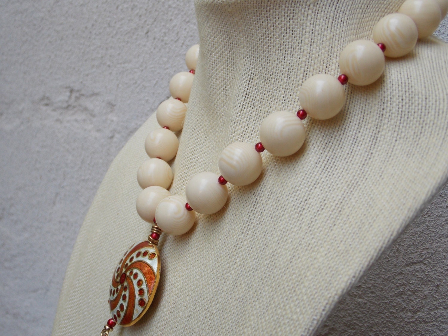 Large Round White Amber Bead Necklace With Round Cloisonne Pendant ...