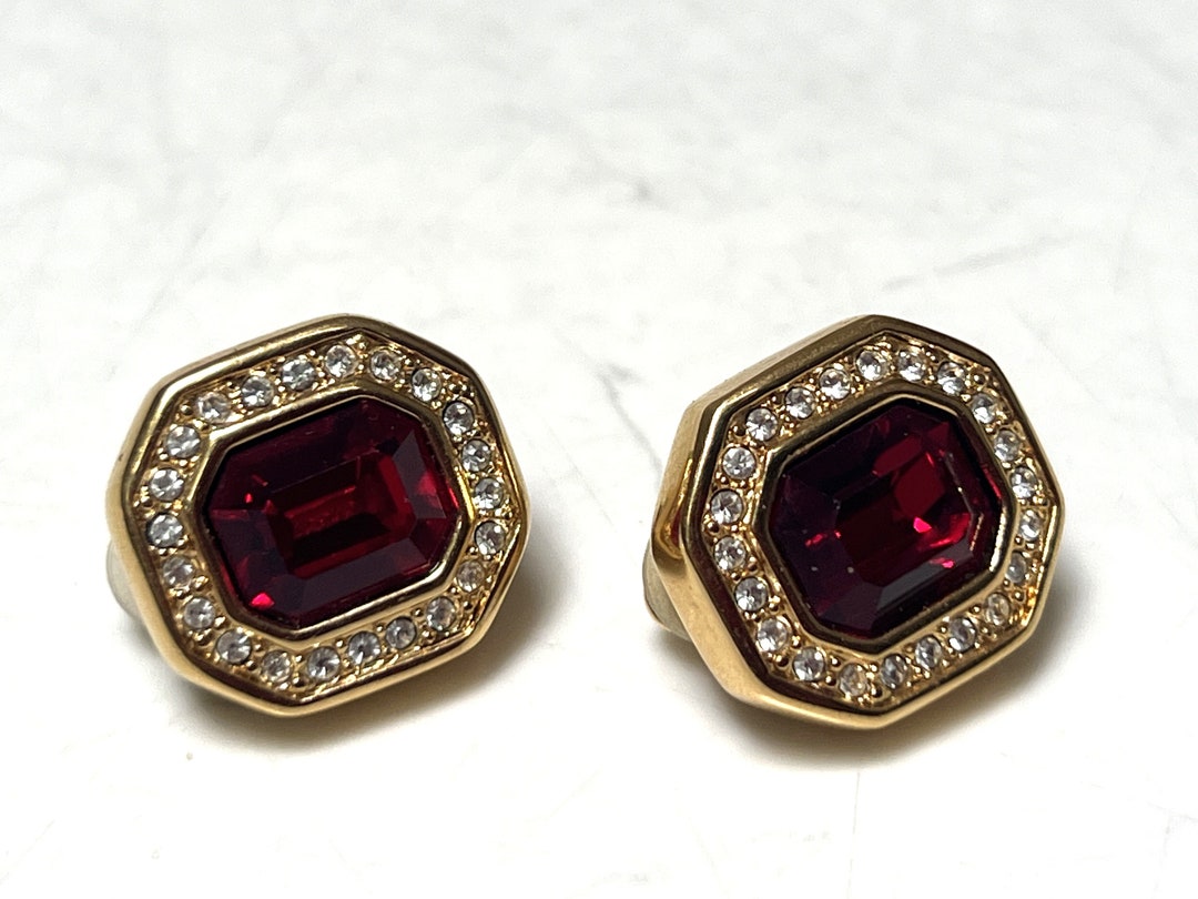 Swarovski Gold Square Red Stone Jeweled Earrings, Clip On - Etsy