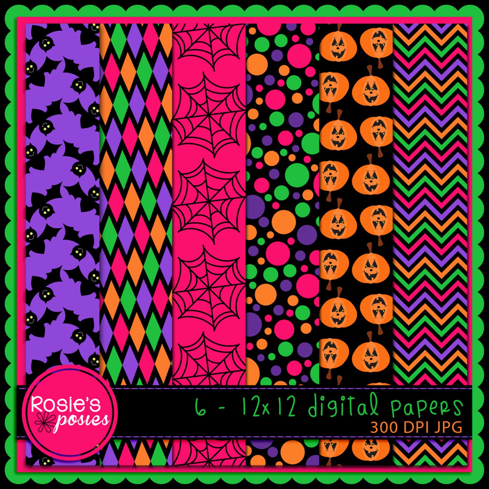 Halloween Digital Papers, Bright Colors Scrapbook Paper, Bats, Spider ...