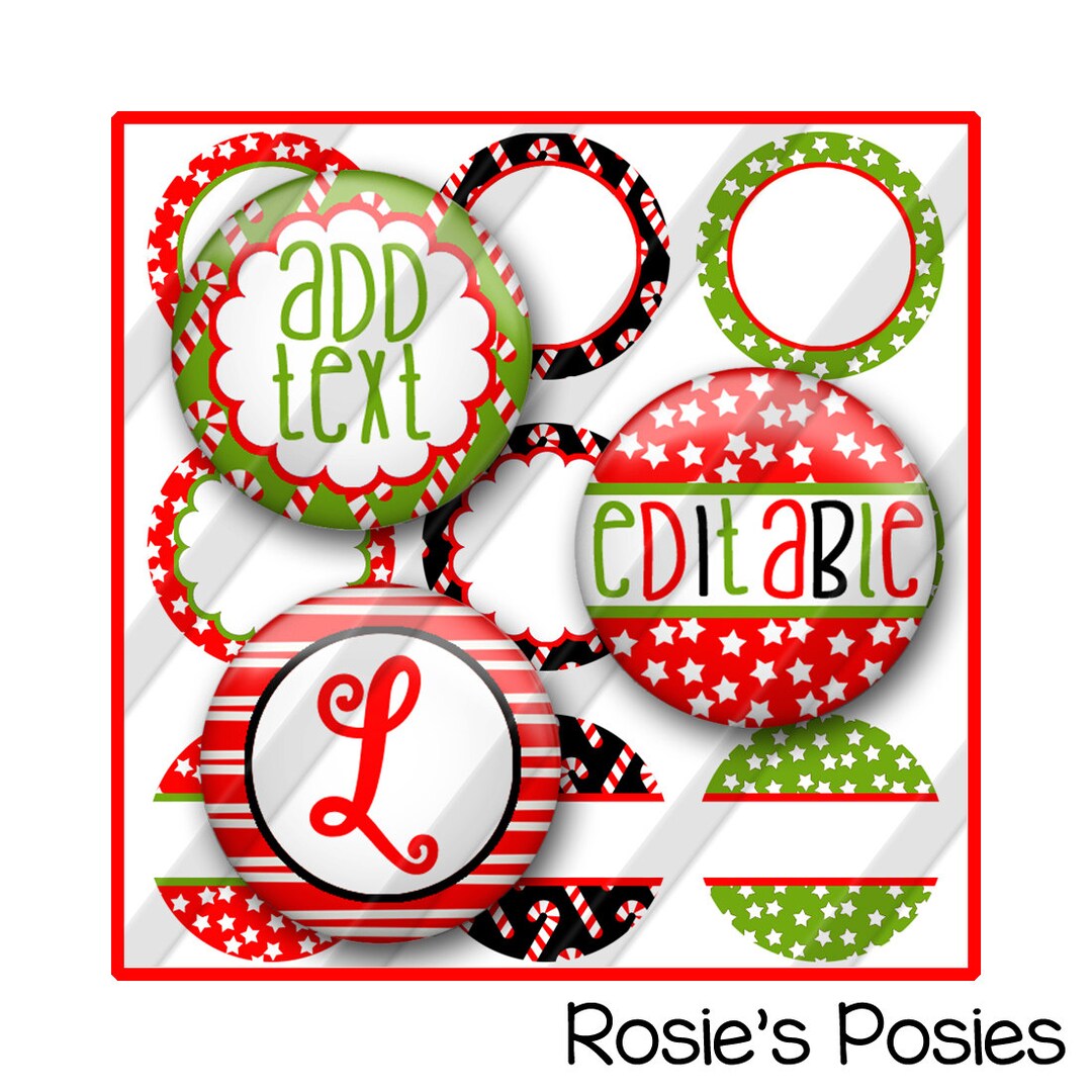Editable Bottle Cap Image Sheet, Black Red Green, Monogram, Christmas ...