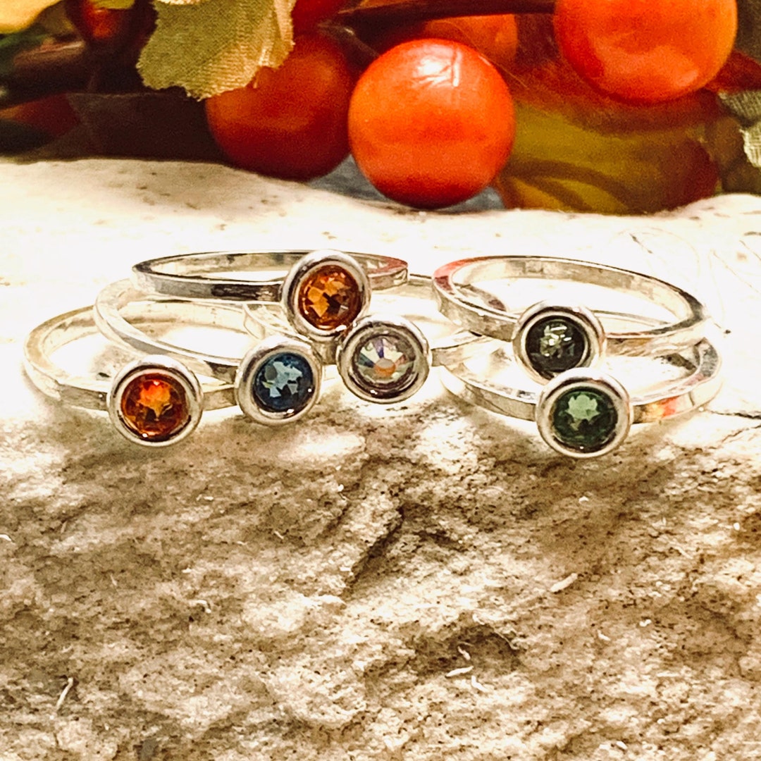 Sterling Silver Crystal Stacking Ring - Six Colors - Etsy