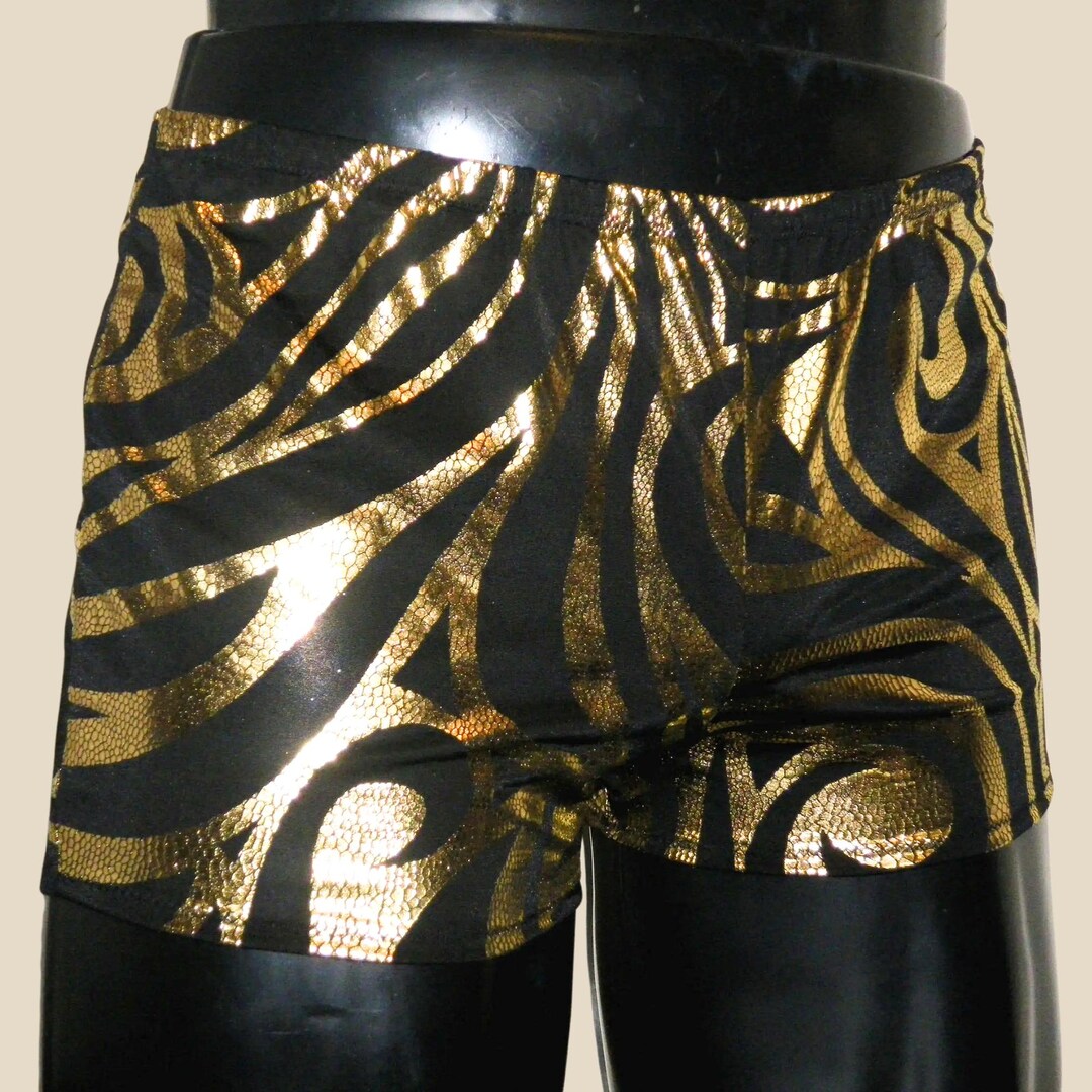 Mens Metallic 'wrought Iron' Black/gold Foil Spandex Hotpants; Male Dance Festival Fashion Booty ...