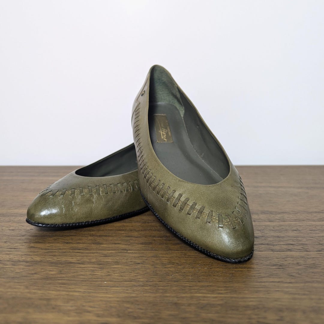 Vintage Olive Green Woven Leather Ballet Flats, 70s 80s Etienne Aigner ...