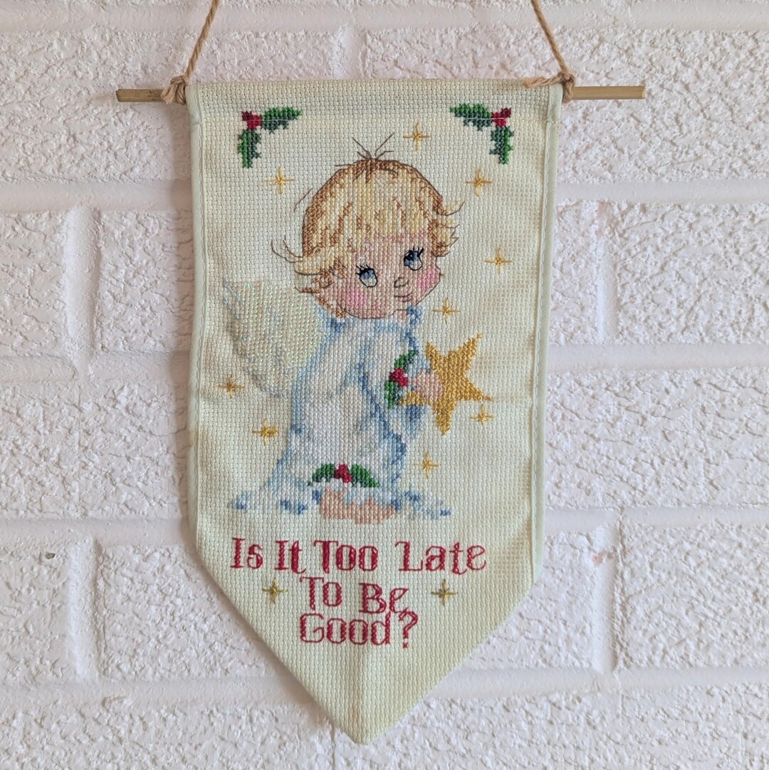 Vintage 1980s Christmas Angel Cross Stitch Wall Hanging “is It Too Late ...