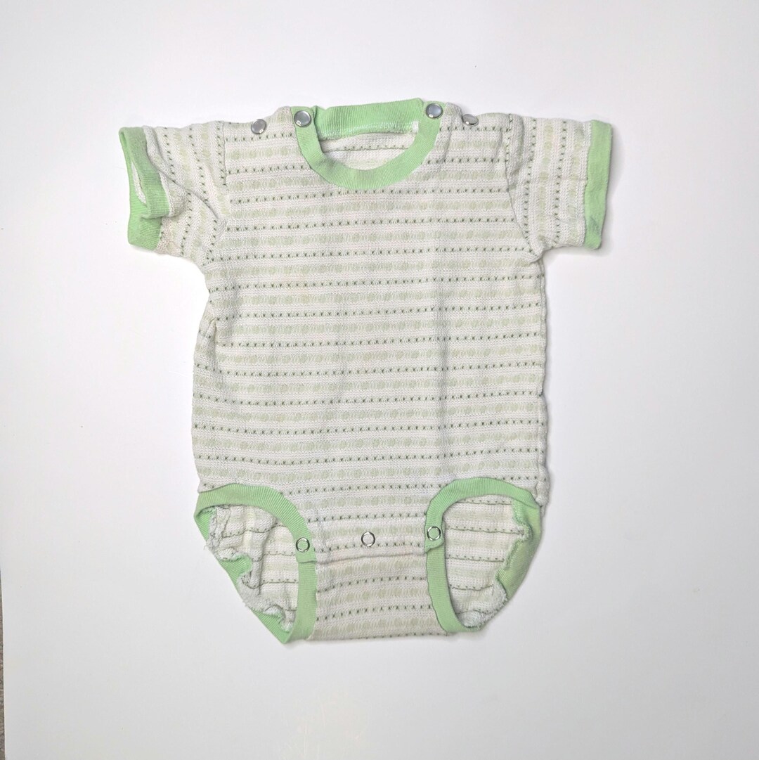 Vintage 1970s Pearl Snap Baby Bodysuit Green Trim Knit One Piece Infant ...