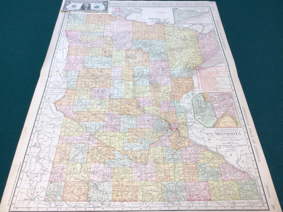 1915 XL Antique Map of Minnesota minneapolis, St. Paul, Rochester ...