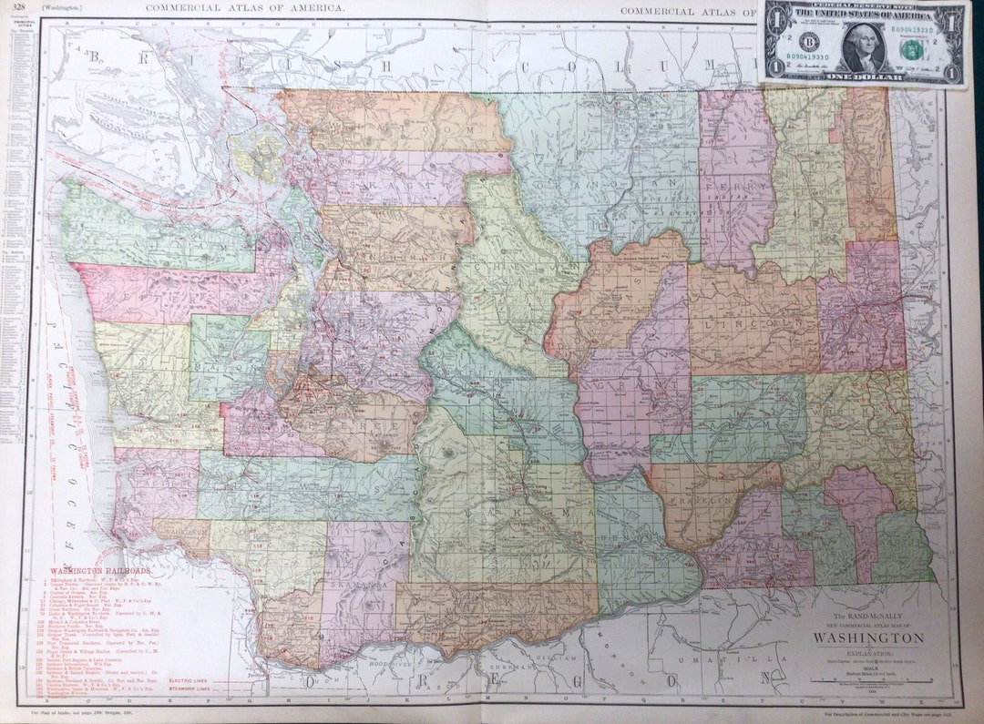 1915 Antique Map of Washington: Seattle, Tacoma, Spokane - XL - Etsy