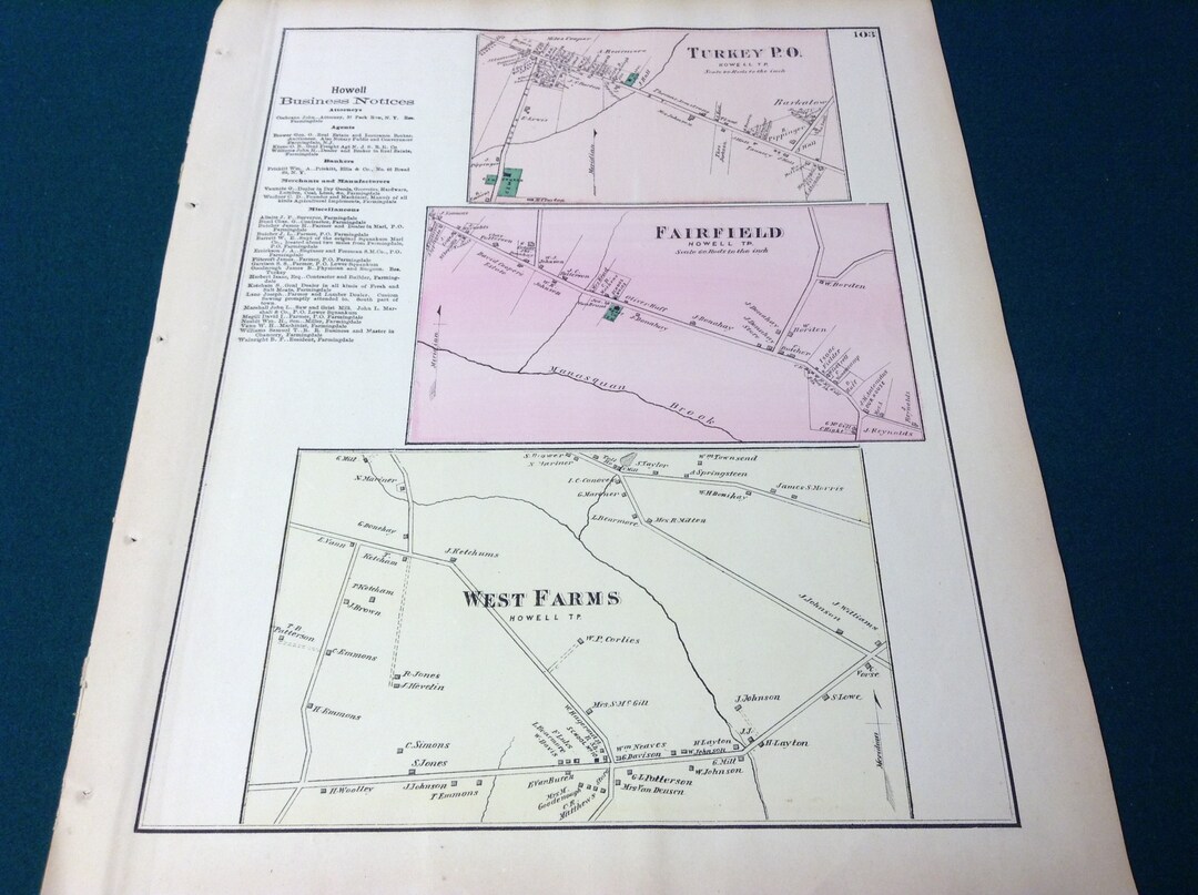 1873 Plan of Howell, NJ (farmingdale, West Farms, Fairfield, Turkey ...