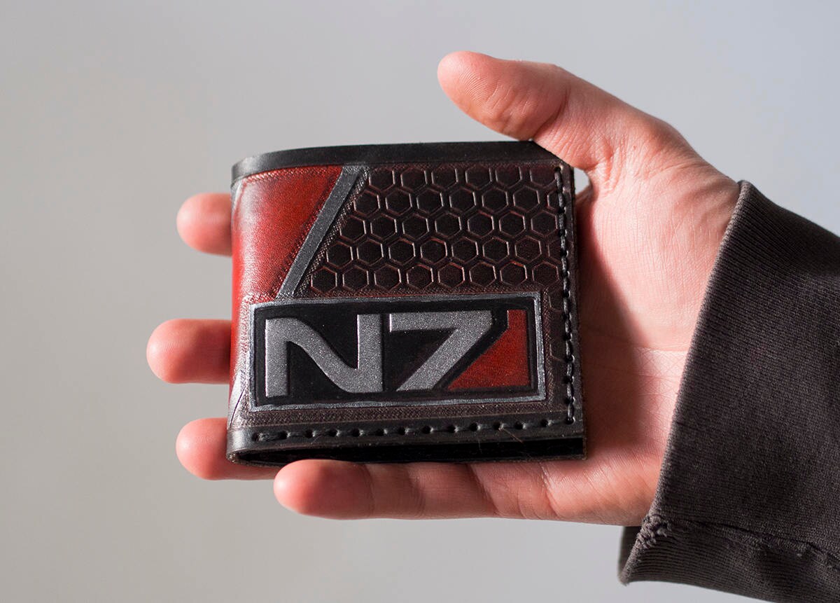 N7 Leather Wallet Hand Tooled Mass Effect Six Card Slots | Etsy