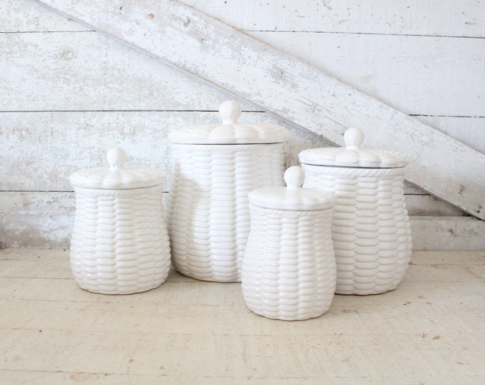 Vintage All-white Canister Set Ceramic Wicker-look Design 4-pc White ...