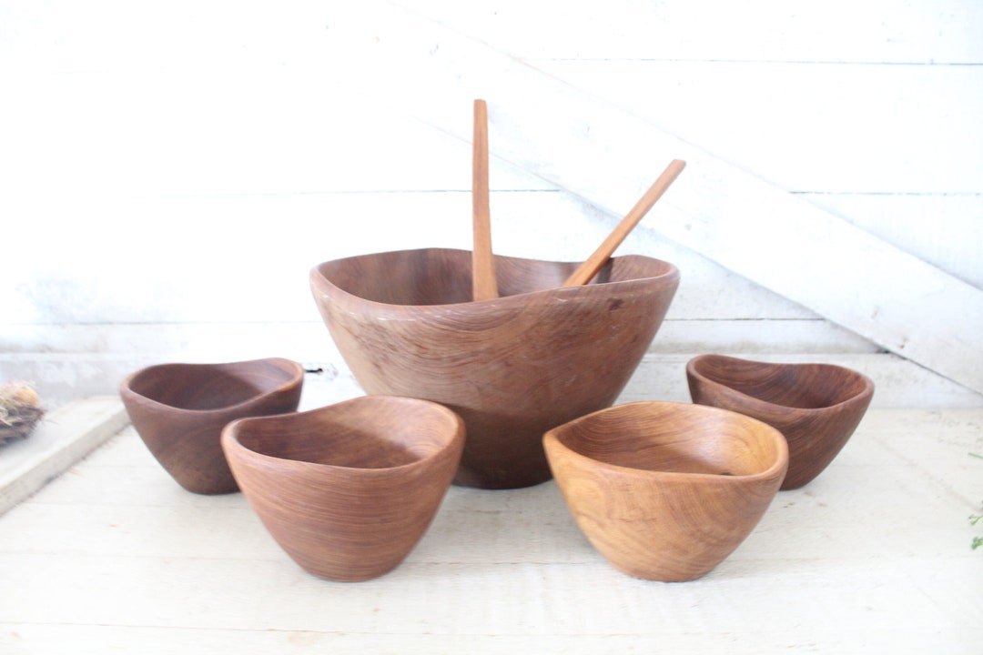 Mid Century Modern Teak Salad Bowl Set - Goodwood Teak Serving Bowl, Four Individual Salad Bowls ...