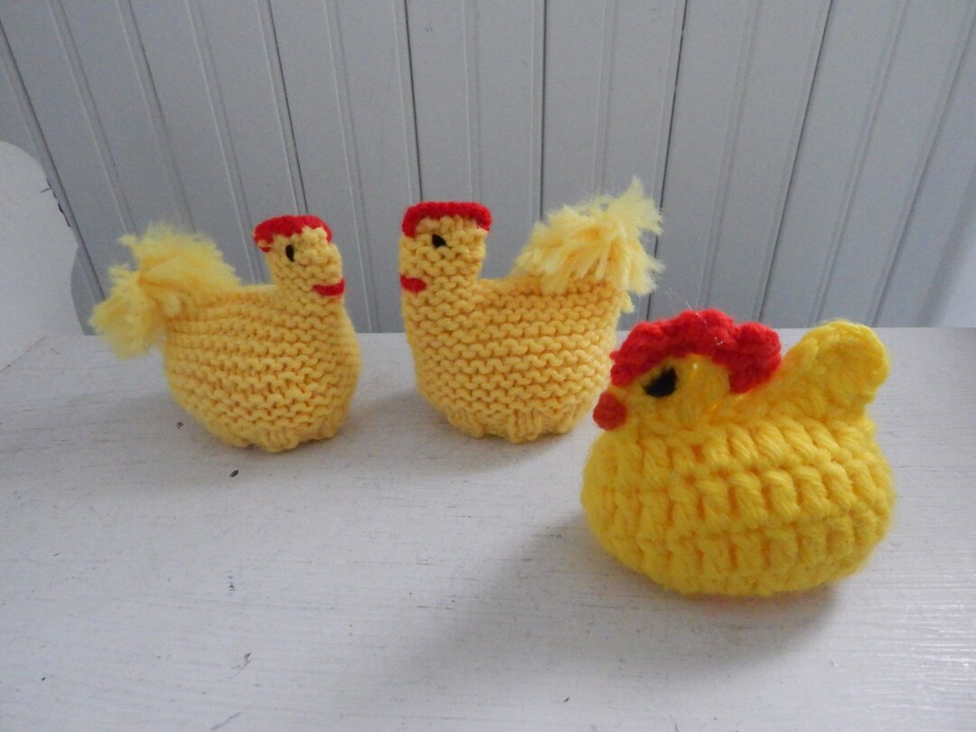 Hand Knit Chicken & Rooster Plastic Egg Covers - Set of 3, Vintage ...