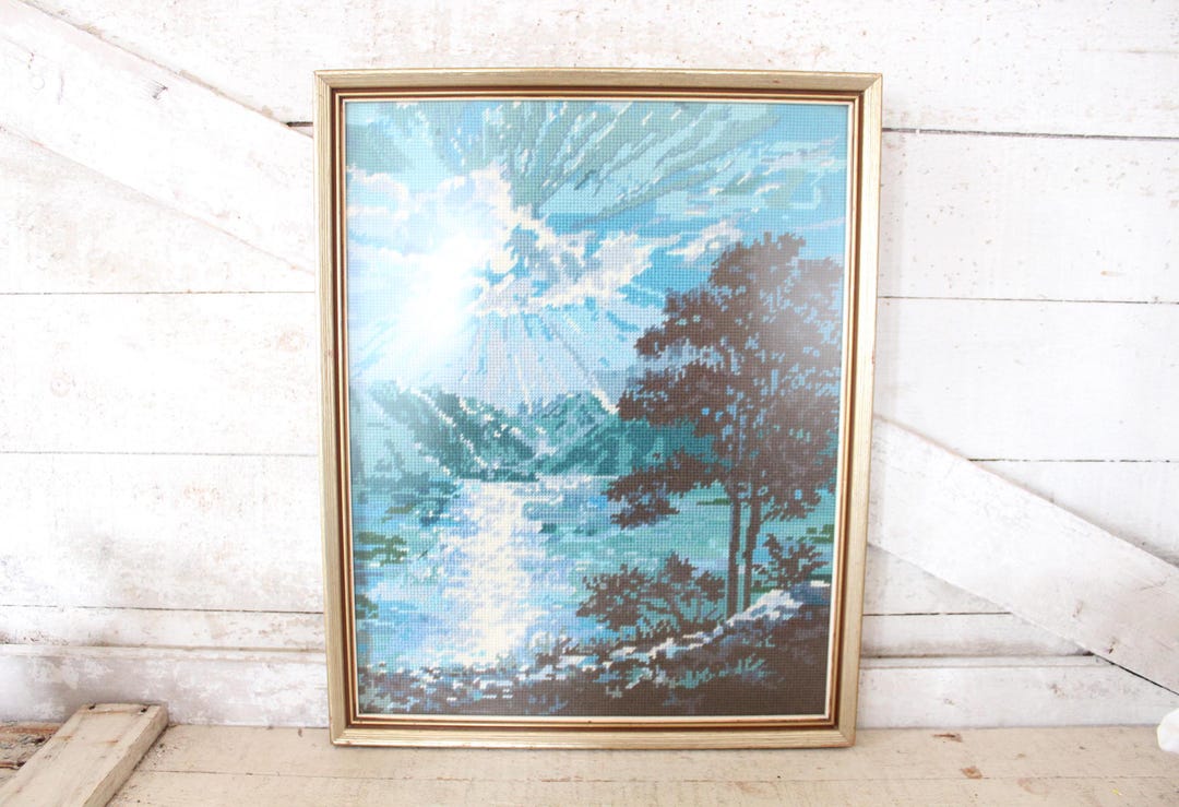 Vintage 1970s Needlepoint Mountain Lake Scene - Gorgeous Framed Wool ...
