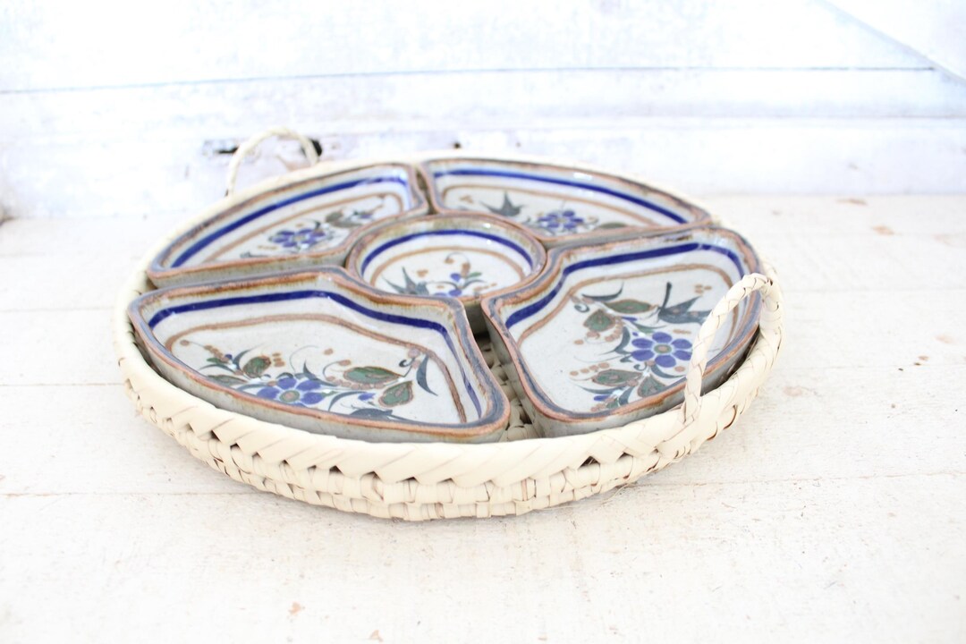 Vintage Mexican Chip & Dip, Condiment Serving Platter With Wicker Tray ...
