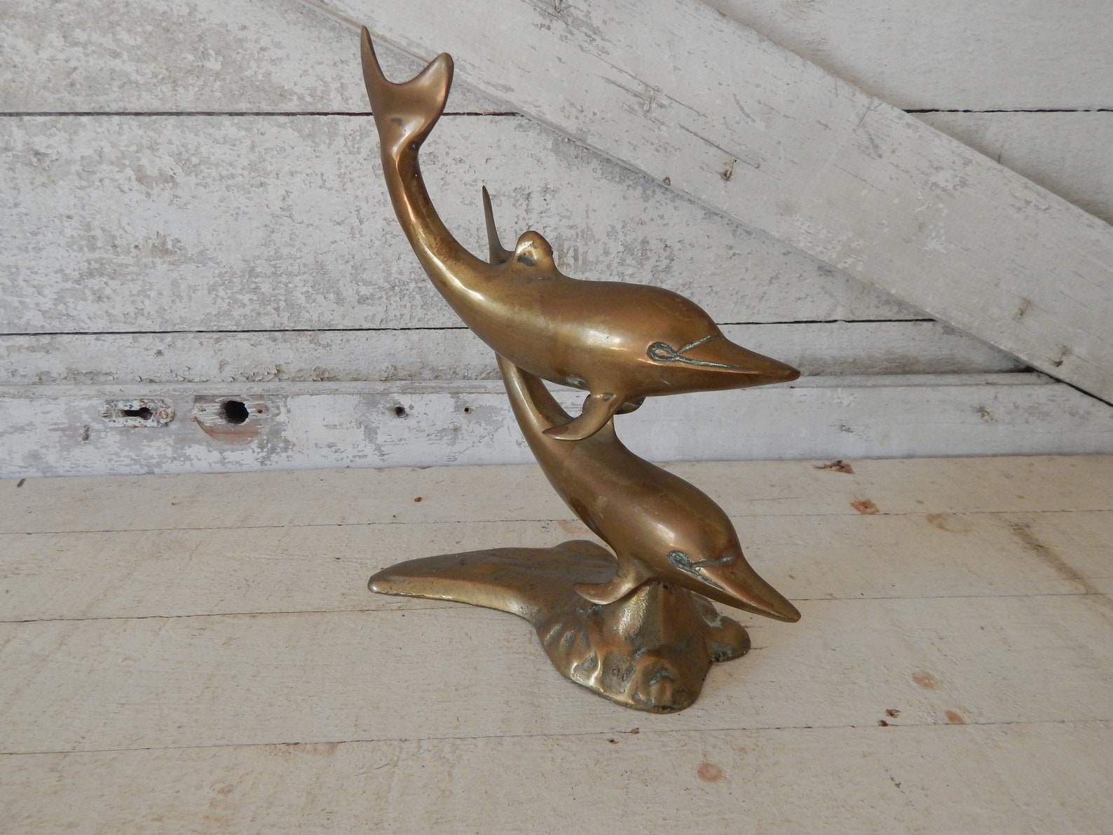 Mid Century Brass Dolphin Sculpture Two Dolphin Swimming | Etsy
