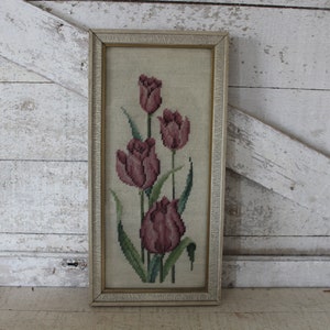 Vintage Needlepoint Tulip Fiber Art - Mid Century Framed Wool ...