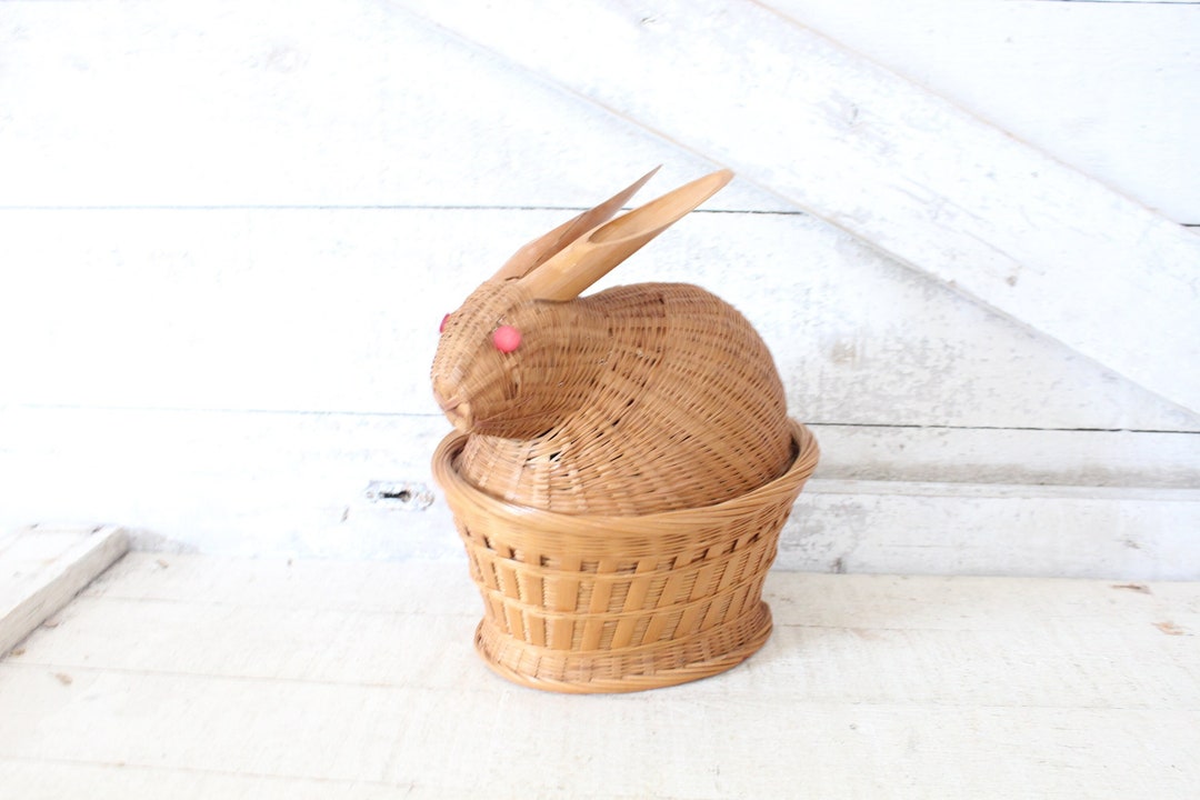 Vintage 1970s Wicker Easter Bunny Basket - Covered Easter Basket ...