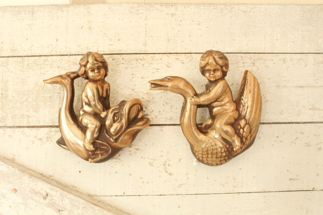 Vintage Chalkware Cherub Wall Plaques Cherubs Riding A Coy - Etsy