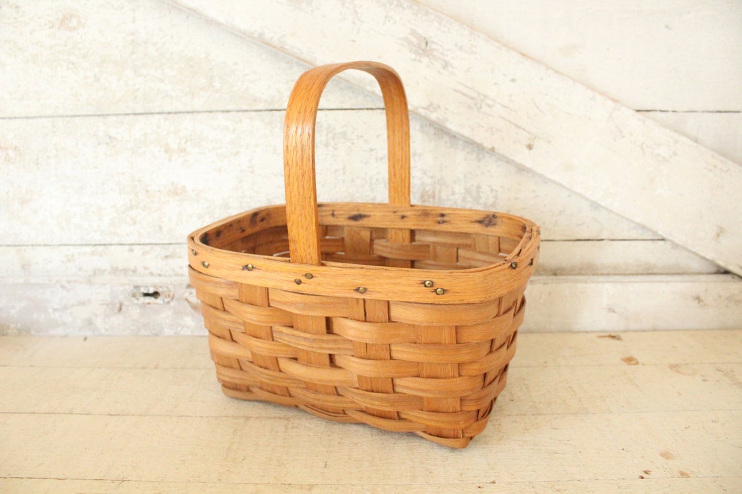 Vintage Hand Crafted Oak Wood Handled Splint Woven Gathering Basket ...