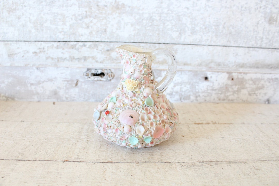 Vintage Pink Seashell Encrusted Glass Pitcher / Creamer - Seashell Art ...